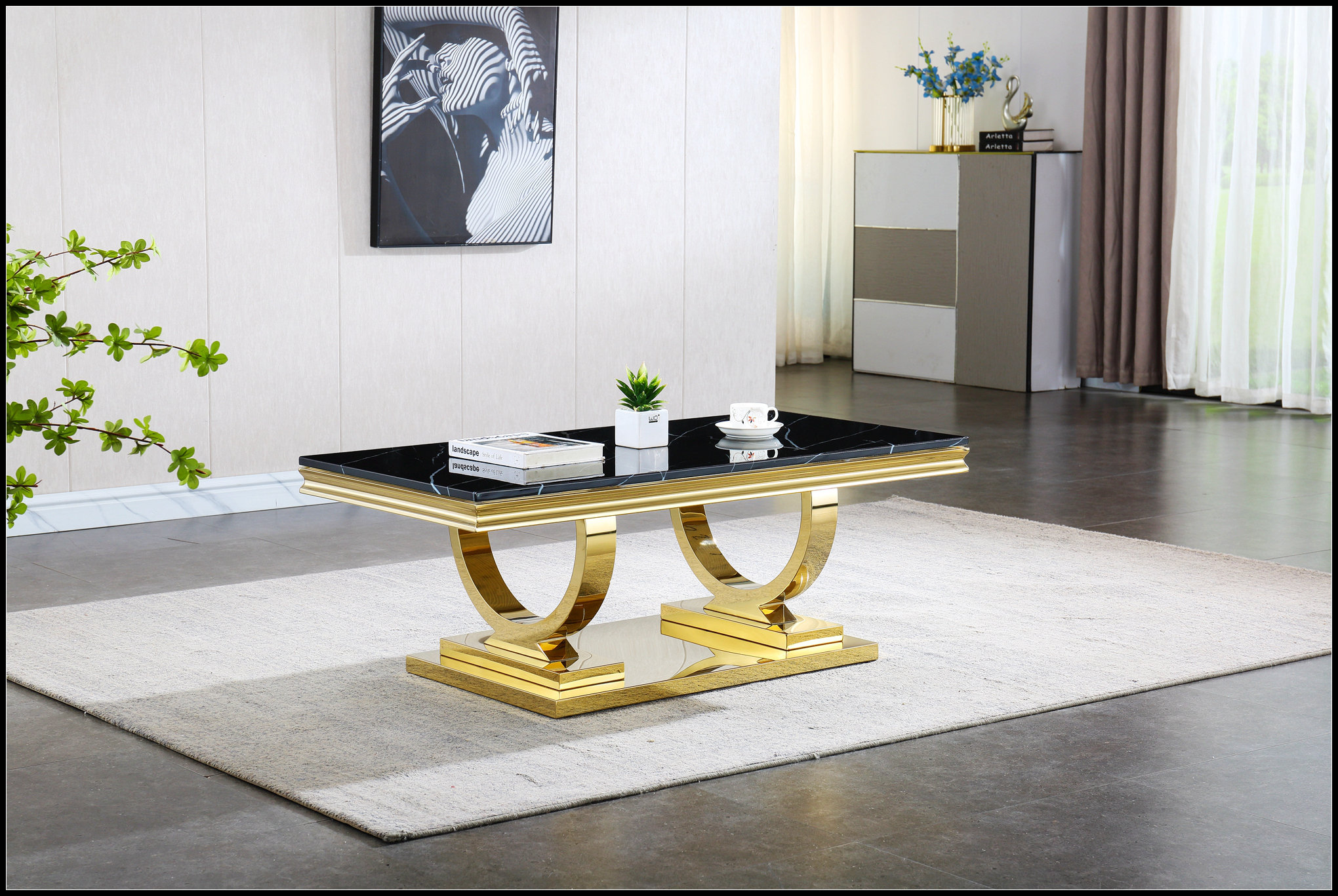 Rosdorf Park Modern Rectangular Black Marble Coffee Table, 0.71" Thick Marble Top, U-Shape ...